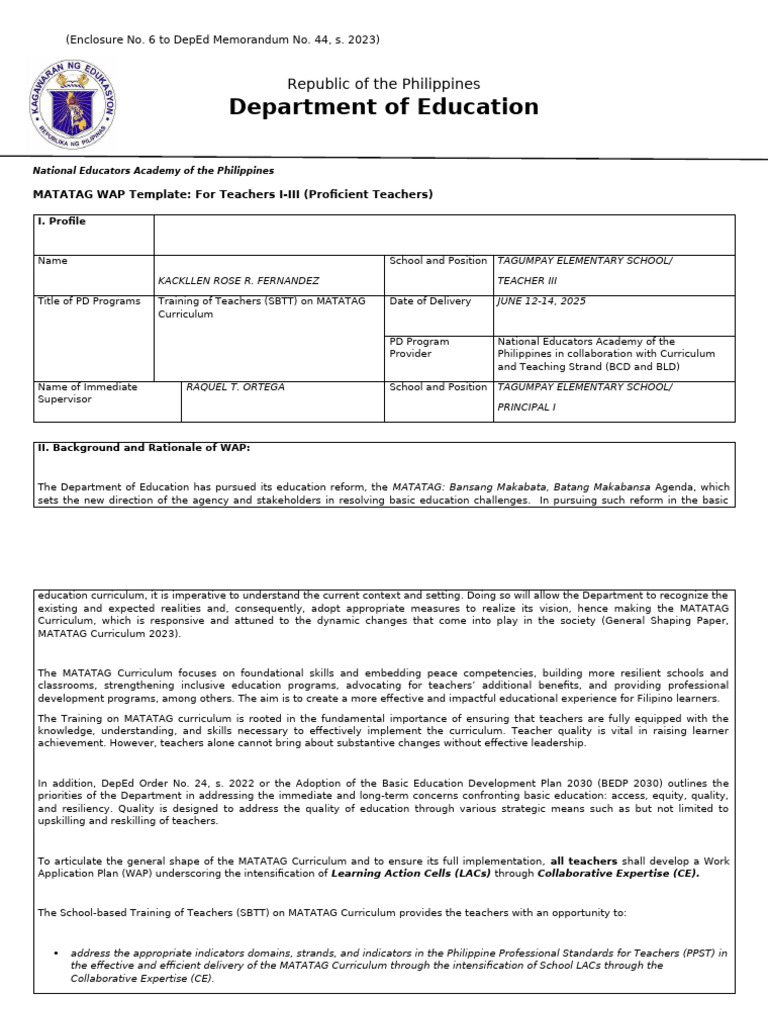 MATATAG WAP Template for Teachers | PDF | Educational Assessment | Learning