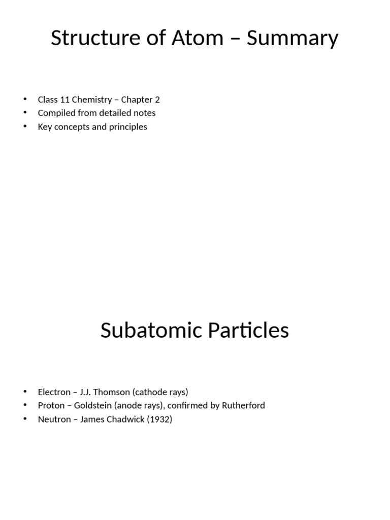 Structure of Atom Summary Condensed | PDF | Atoms | Electron