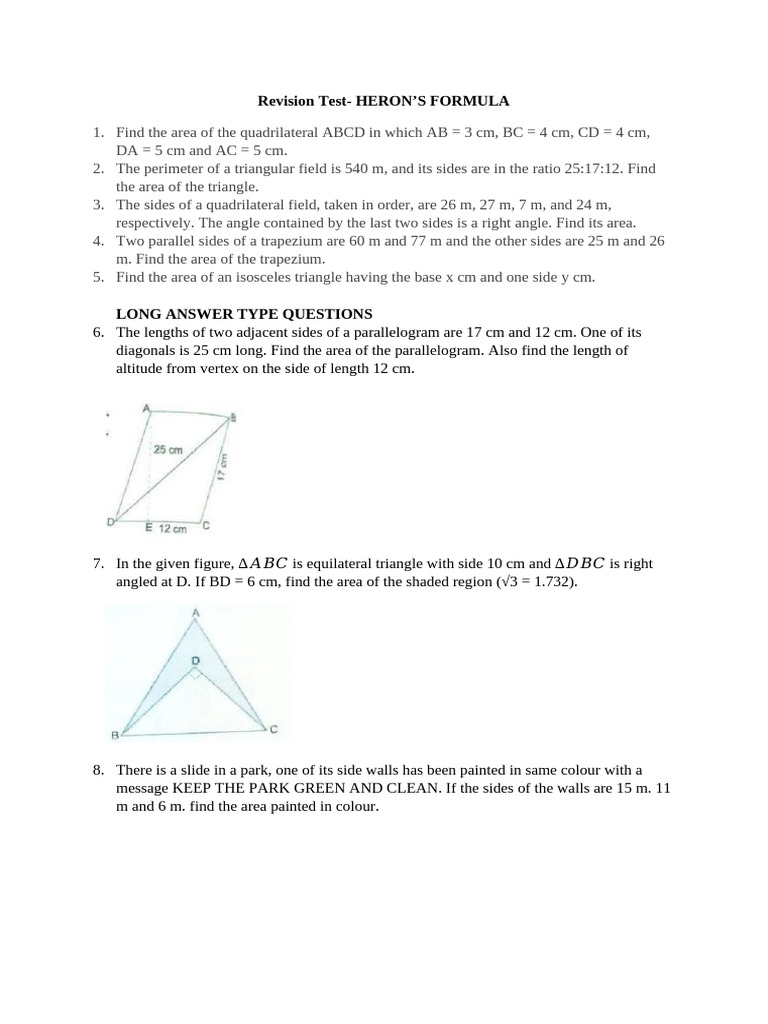 Herons Formula Revision Test | PDF