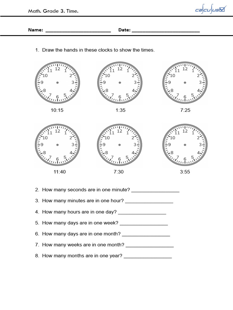 Math. Grade 3. Time Worksheet. | PDF