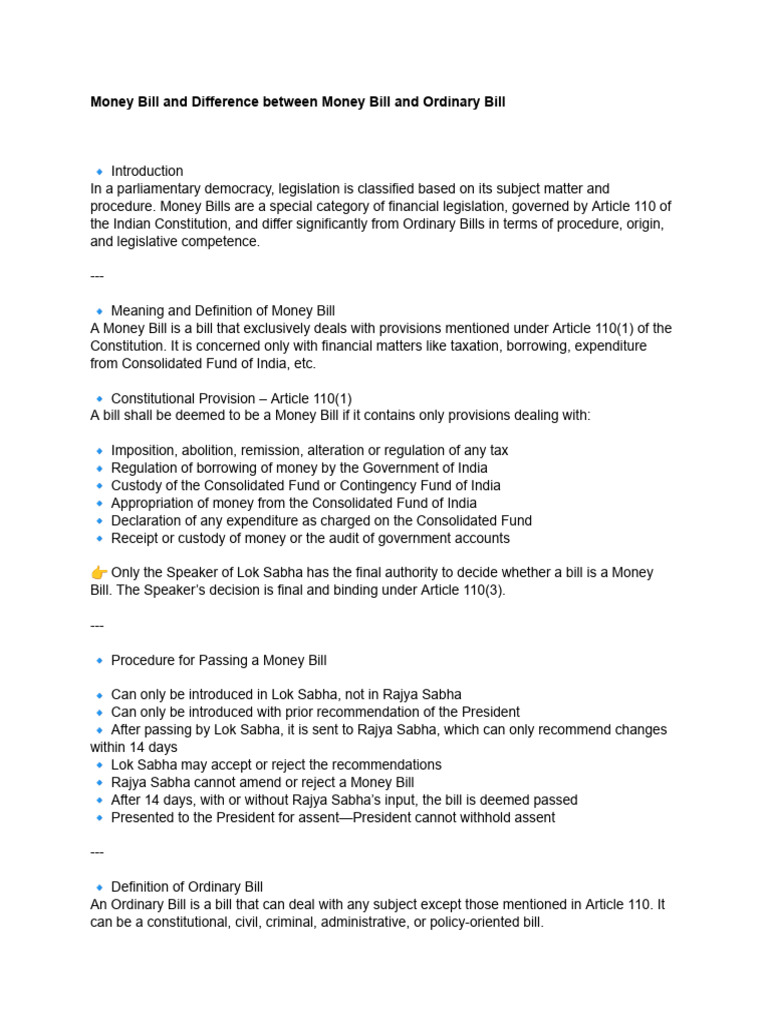 Money Bill and Difference Between Money Bill and Ordinary Bill | PDF ...