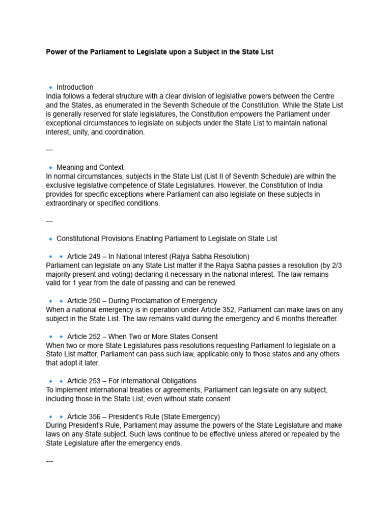 Power of The Parliament To Legislate Upon A Subject in The State List ...