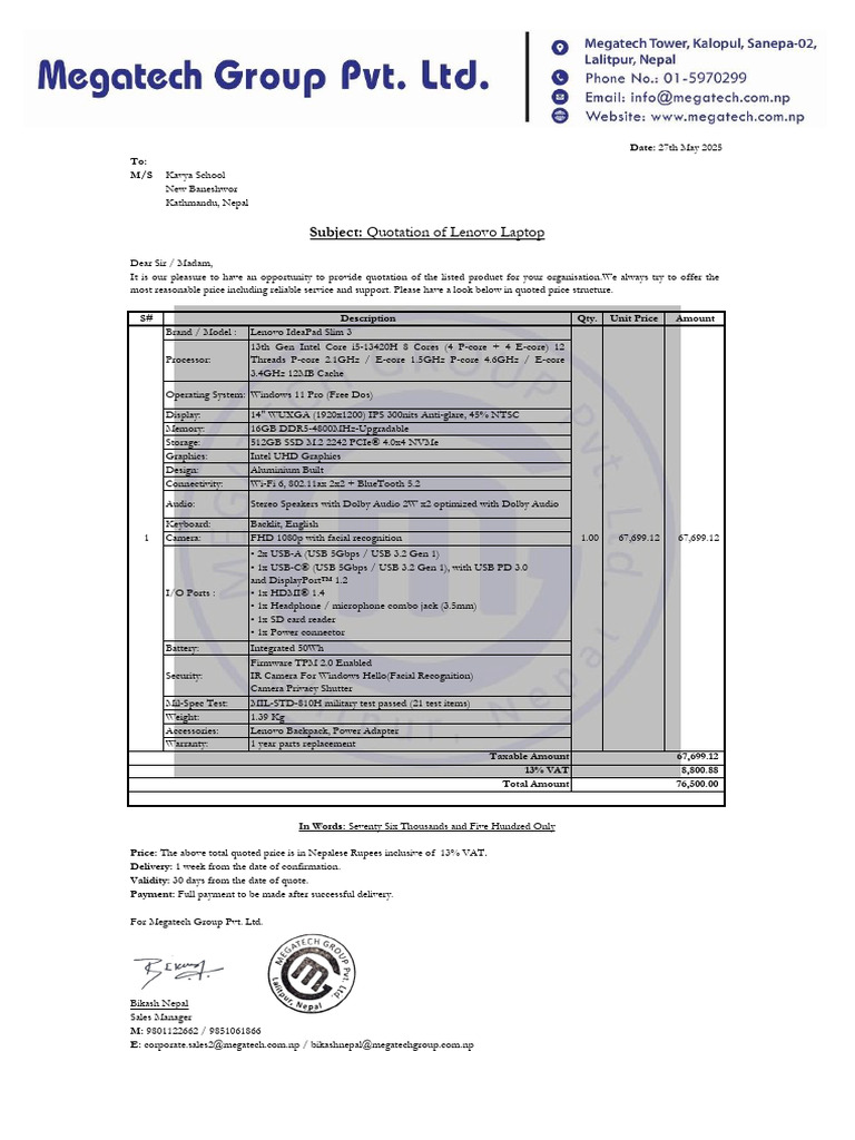 Quotation of IP Slim 3 I5 (Kavya School) | PDF | Usb | Computer Engineering