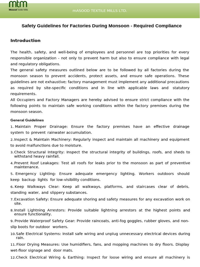 Monsoon Safety Guidelines Factories | PDF