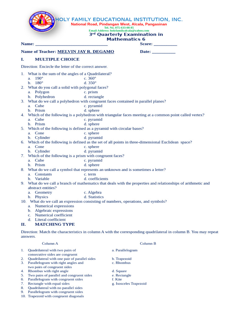 3rd Quarterly Exam Math 6 | PDF | Rectangle | Euclidean Geometry