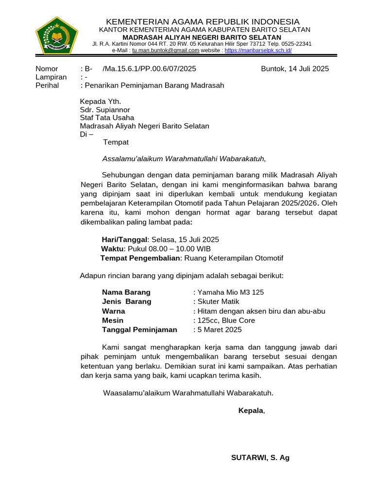 Sample Surat Penarikan Peminjaman Barang Madrasah | PDF