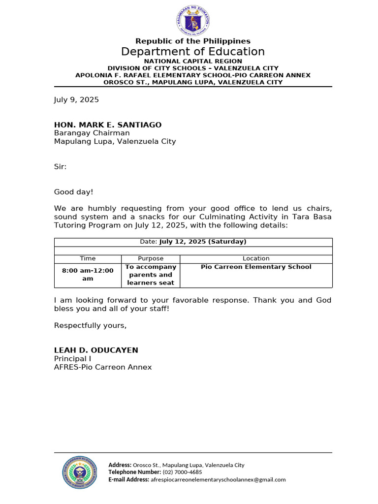Crissa Request Letter To The Barangay | PDF