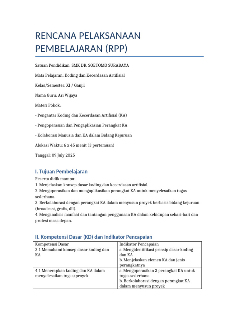 RPP Koding KA SMK SOETOMO AriWijaya | PDF