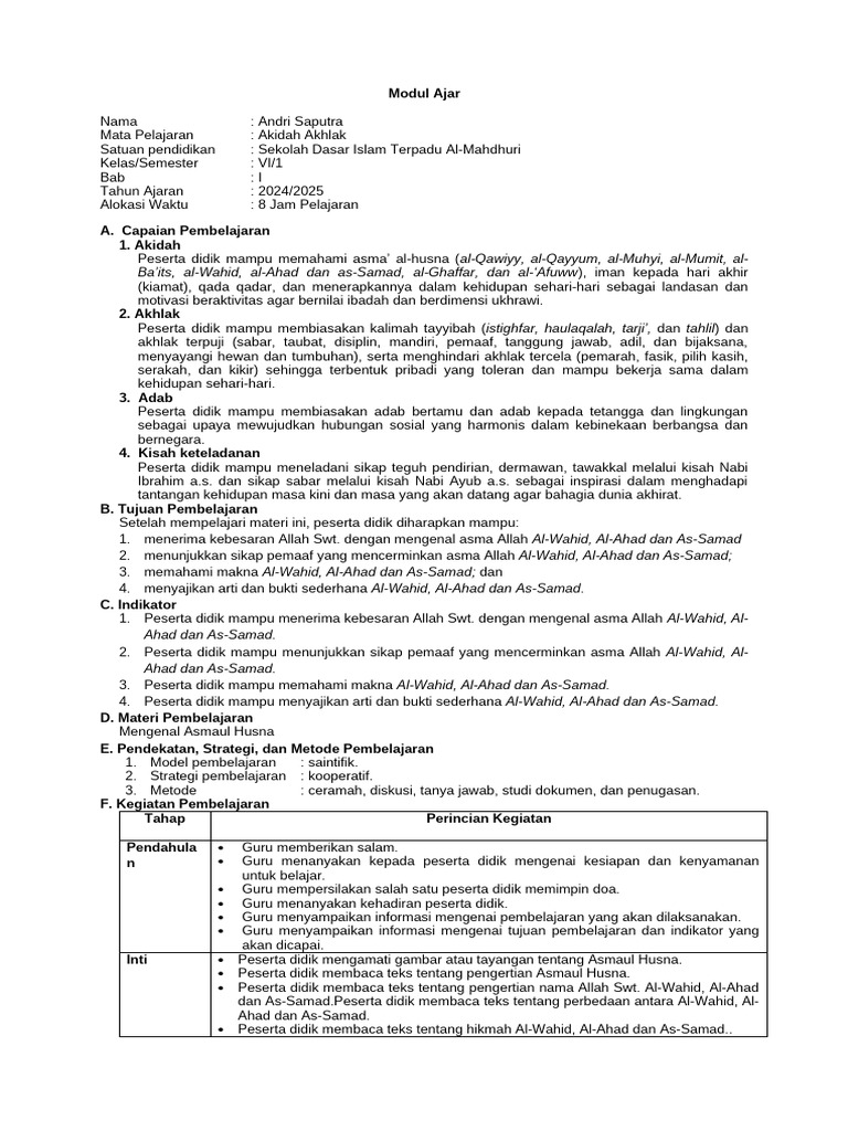 Modul Ajar Akidah Akhlak 6 Bab 2 | PDF