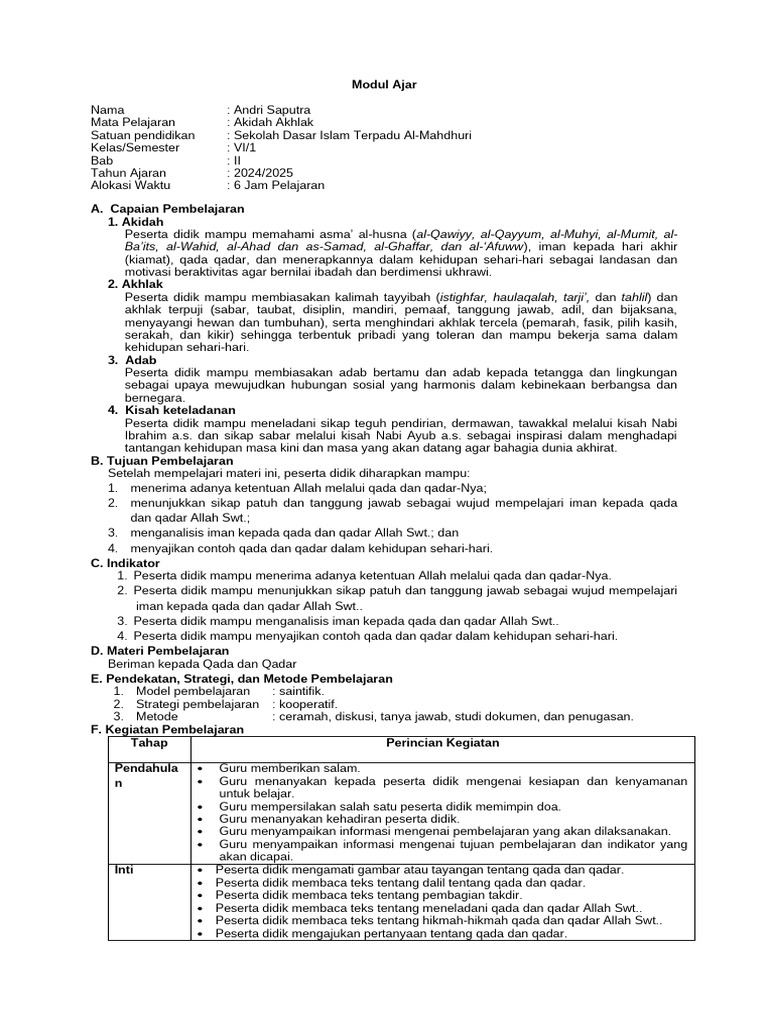 Modul Ajar Akidah Akhlak 6 Bab 3 | PDF