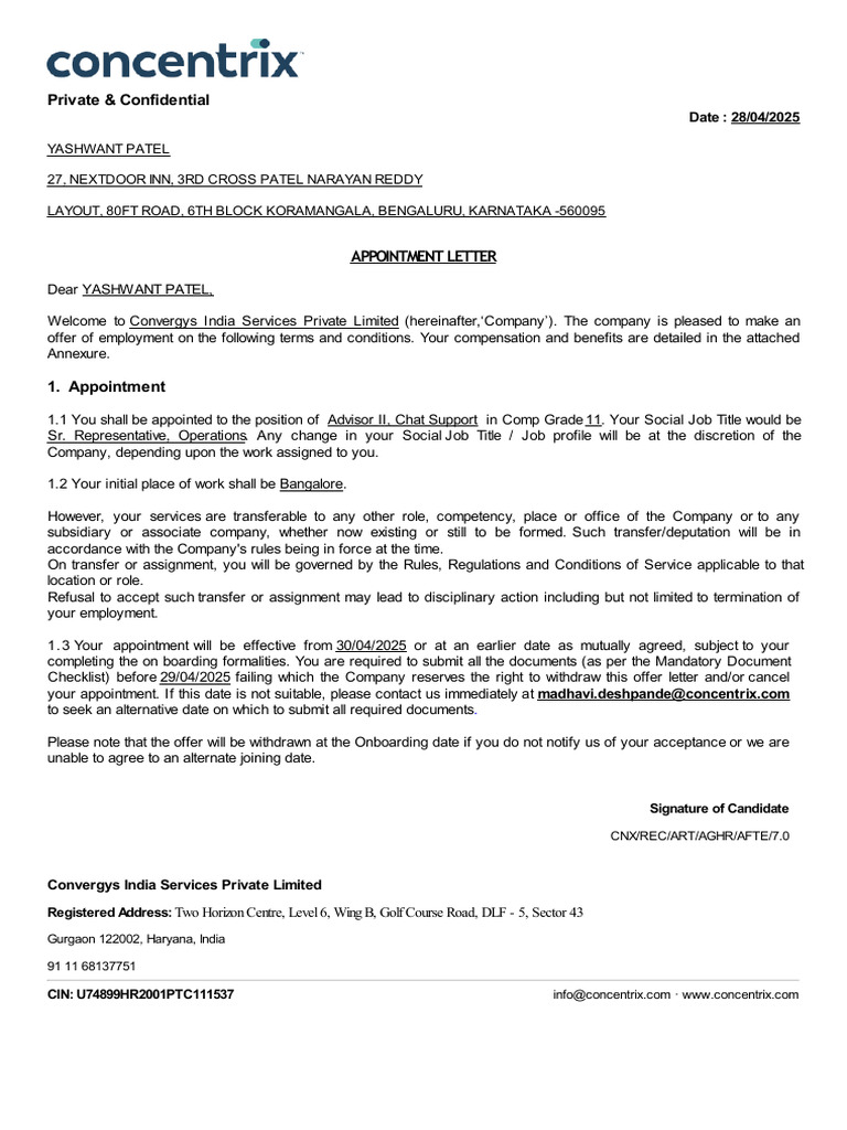 Convergys Appointment Letter for Yashwant Patel | PDF | Employment ...