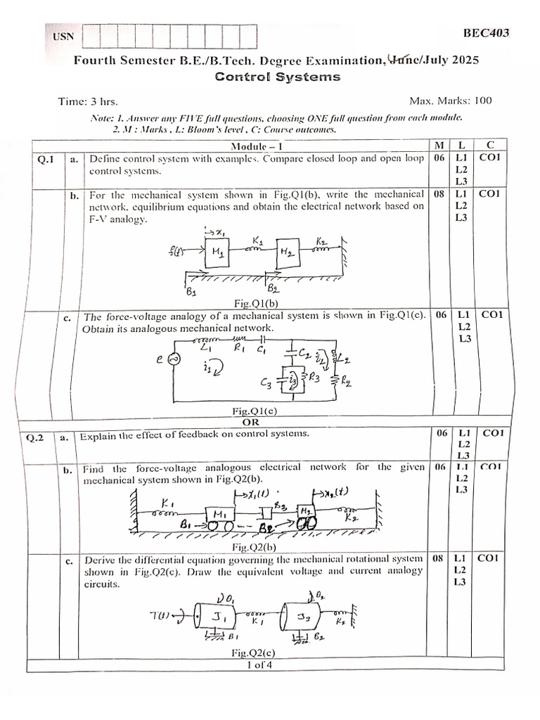BEC403 Control Systems VTU June/July 2025 Question Paper | PDF
