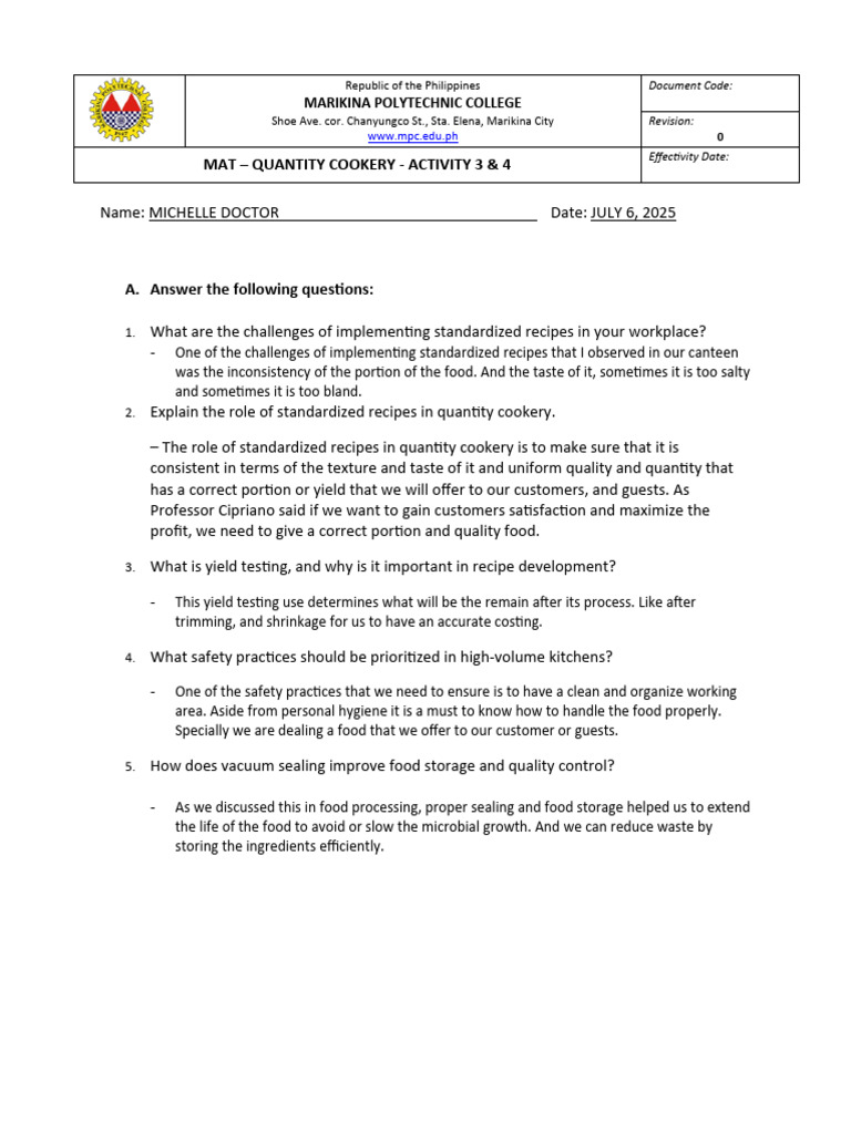 Mat - Activity 3 & 4 - Quantity Cookery | PDF