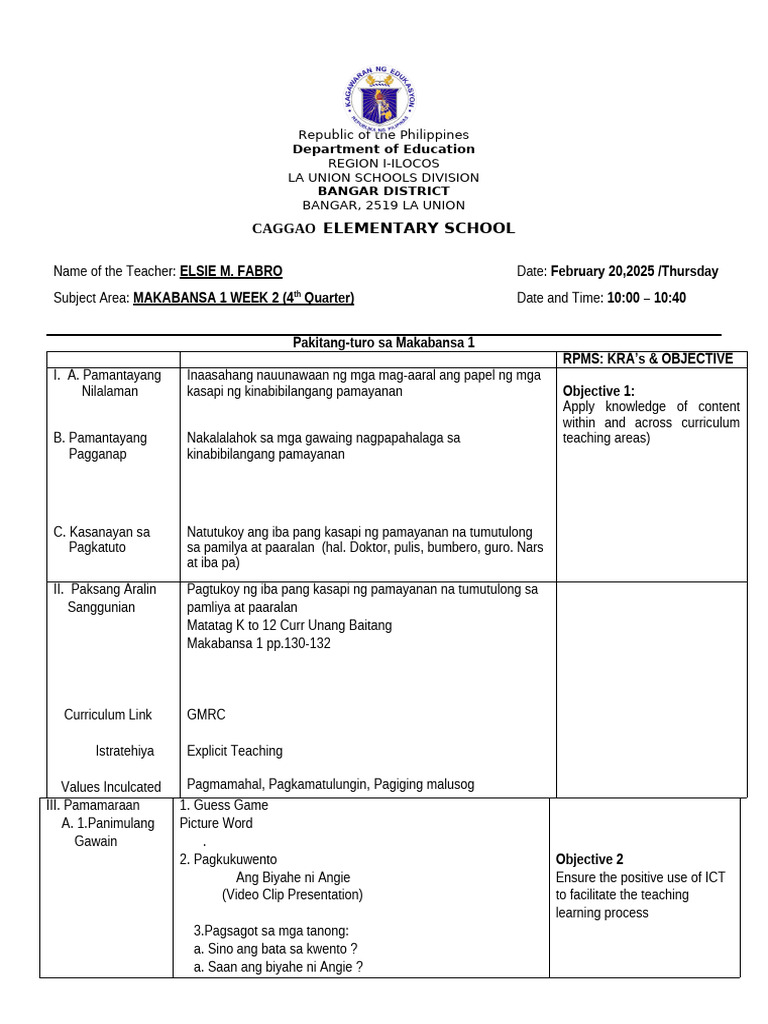 COT DEMO PLAN in Makabansa Final | PDF