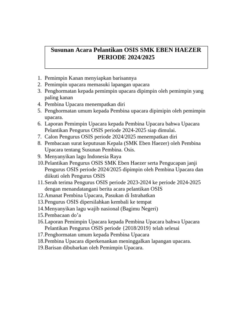 Susunan Acara Pelantikan Osis SMK Eben Haezer Periode 2024 | PDF