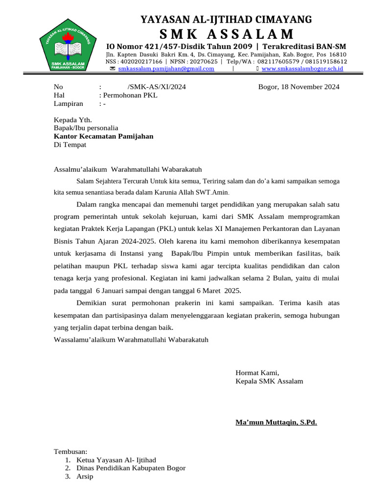 Permohonan PKL SMK Assalam 2024-2025 | PDF