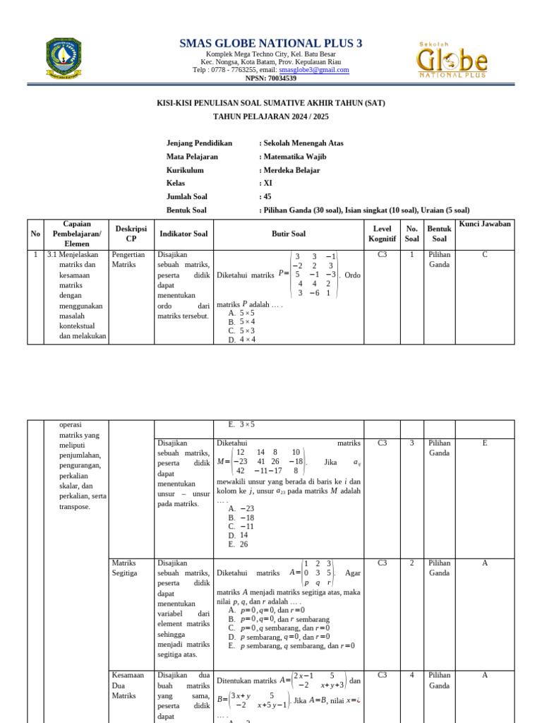 Kisi - Kisi SAT Matematika Wajib Kelas XI SMA | PDF