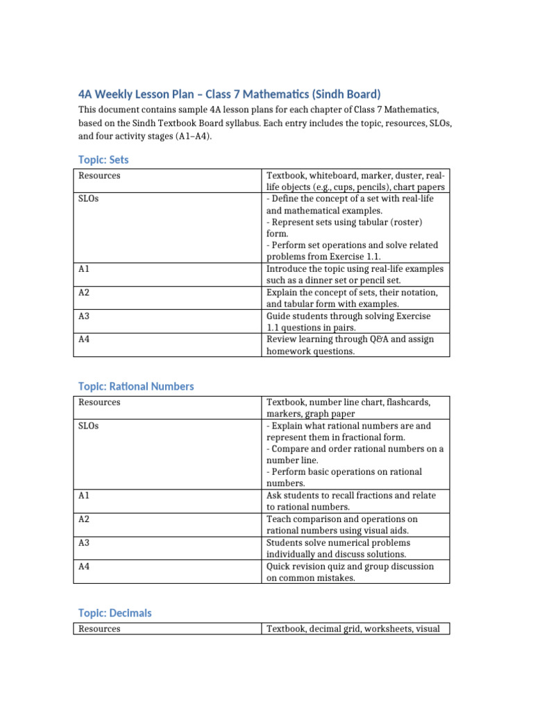Class7 Math 4A Lesson Plans Part1 | PDF | Mathematics | Decimal