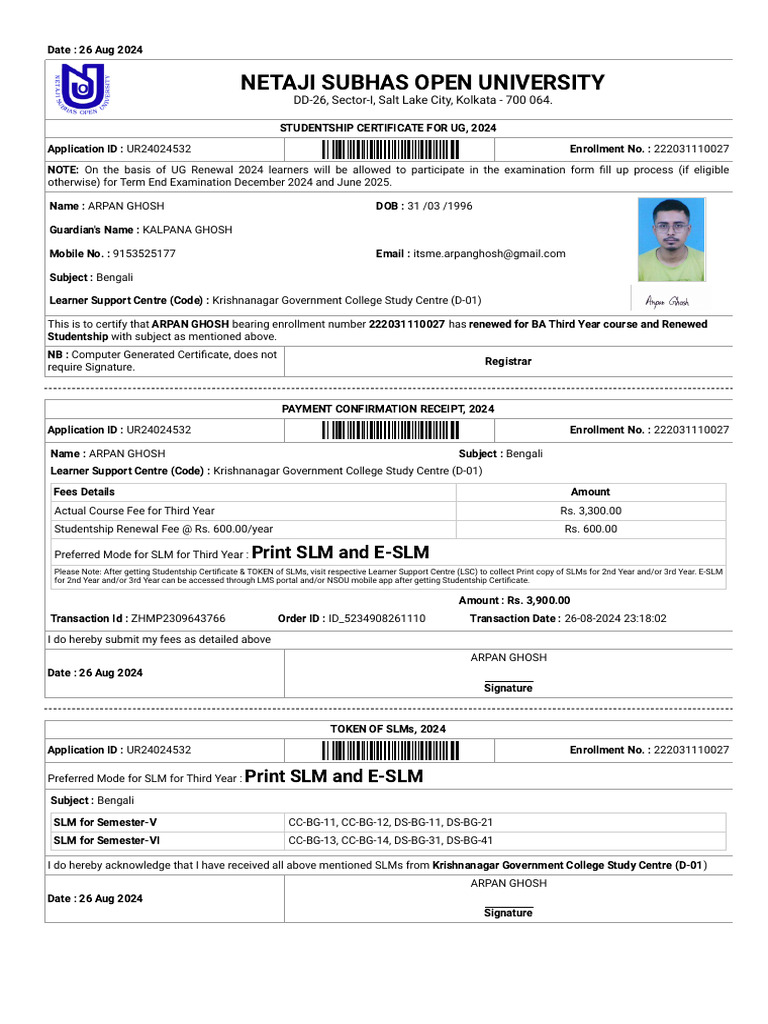 NSOU - UG Renewal - Studentship Certificate | PDF