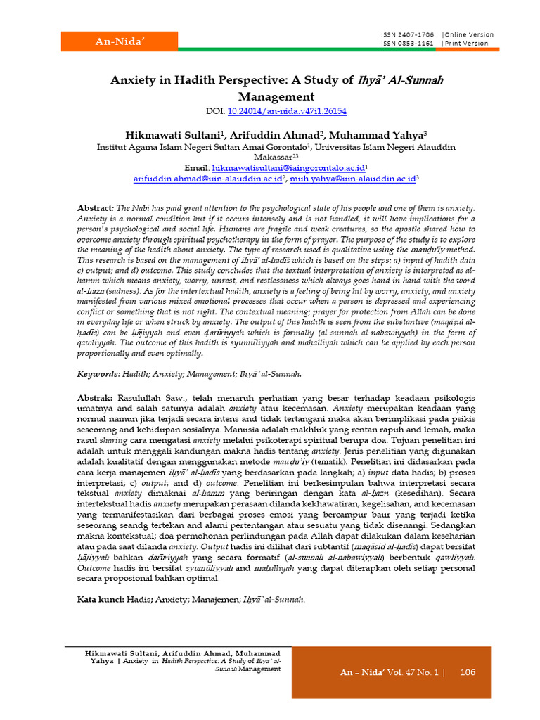 Anxiety in Hadith Perspective A Study of Ihya' Al-Sunnah Management ...