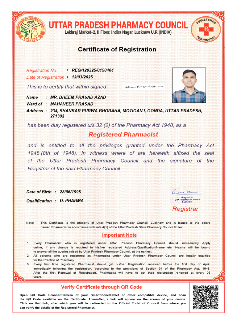 Pharm D Registration Certificate India | PDF