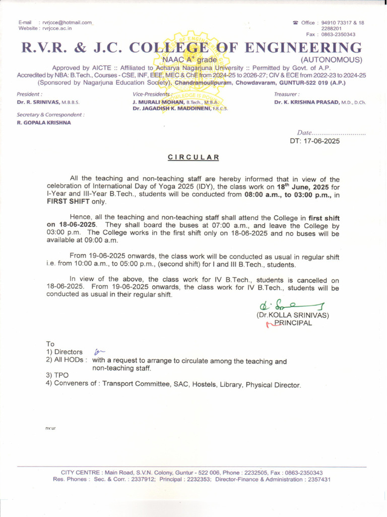 Circular - IDY 2025 Bus Timings For Staff On 18.06.25 | PDF