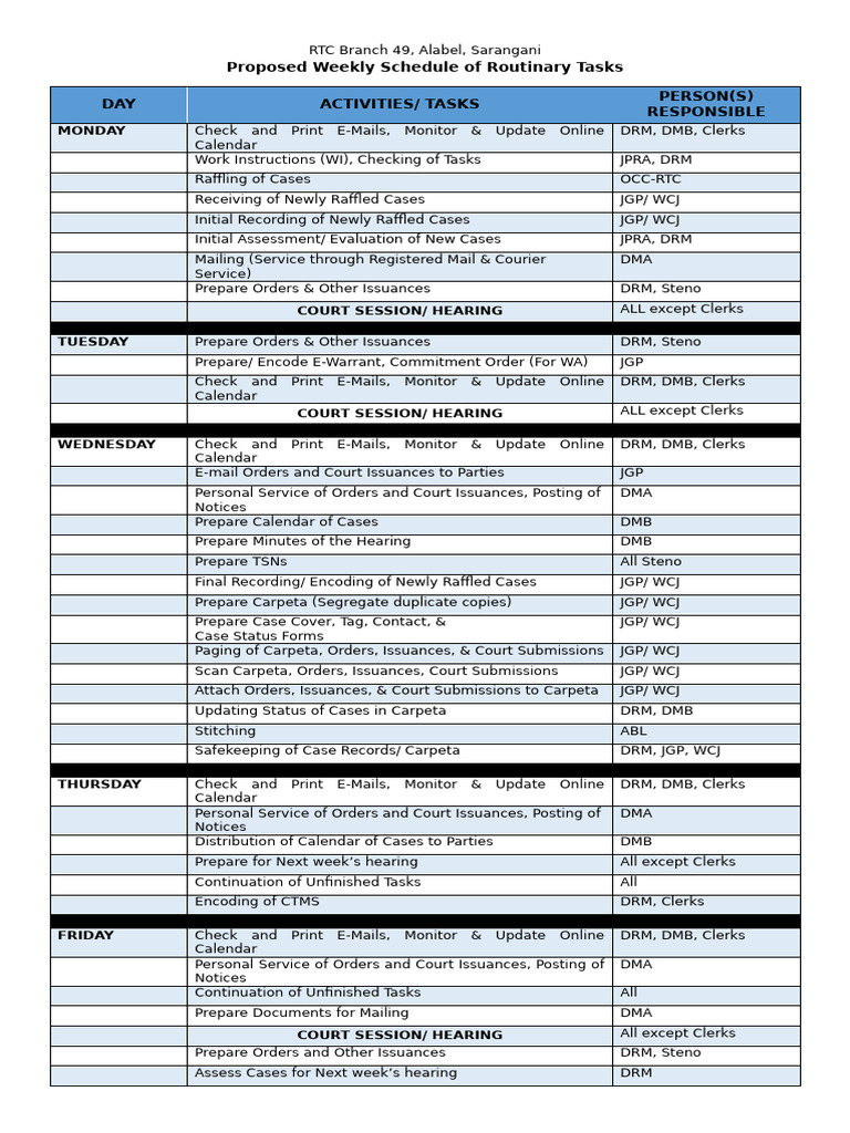 Weekly Schedule of Activities | PDF