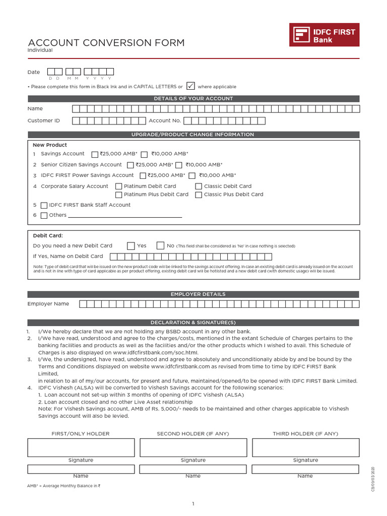 Account Conversion Form Individual V1 | PDF | Debit Card | Banking