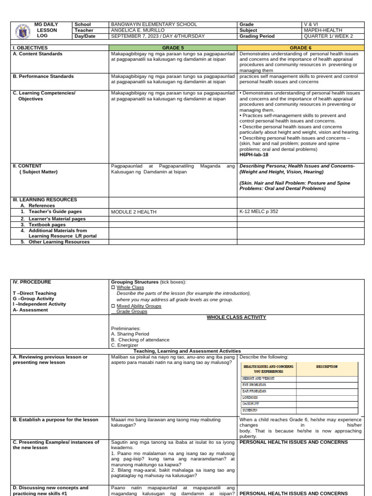 DLL Q1 W2 Day4 Mapeh Health | PDF | Differentiated Instruction