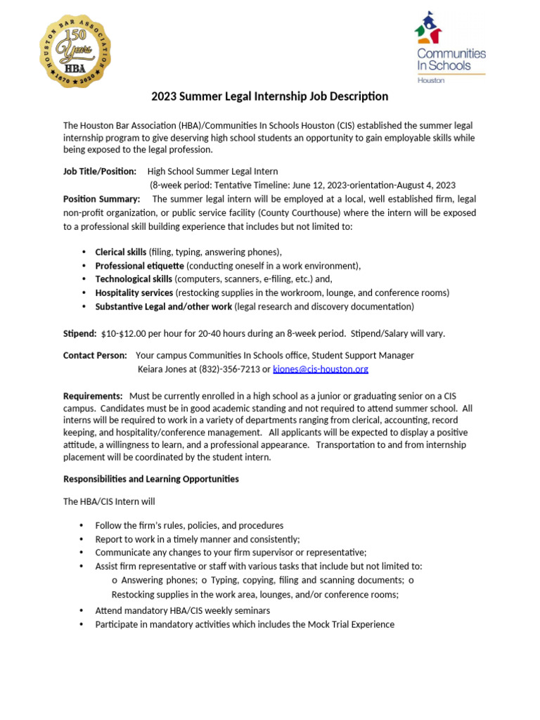 Summer Legal Internship for High Schoolers | PDF | Internship | Job Hunting