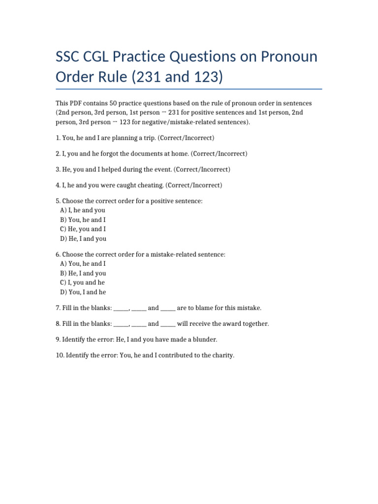 Pronoun Order Rule Questions CGL Level | PDF