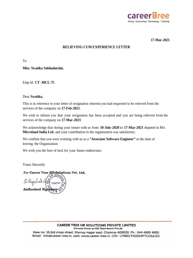 Experience Letter for Swatika Subhadarsini | PDF