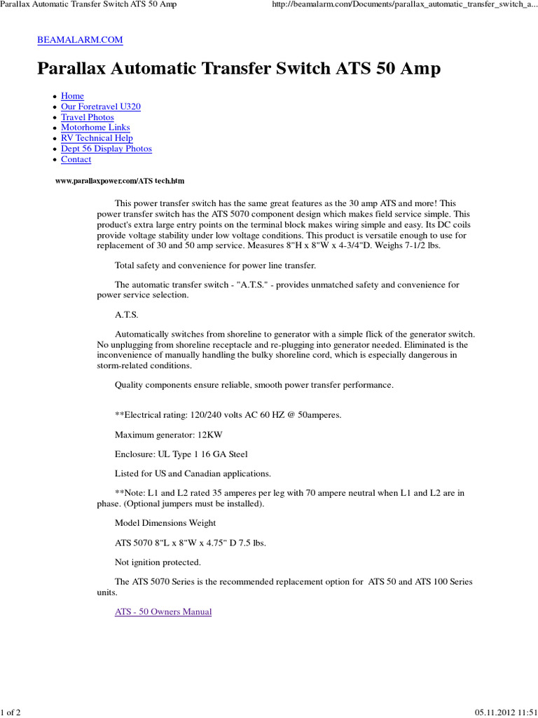 ATS 5070: 50 Amp Automatic Transfer Switch | PDF | Switch | Electric ...