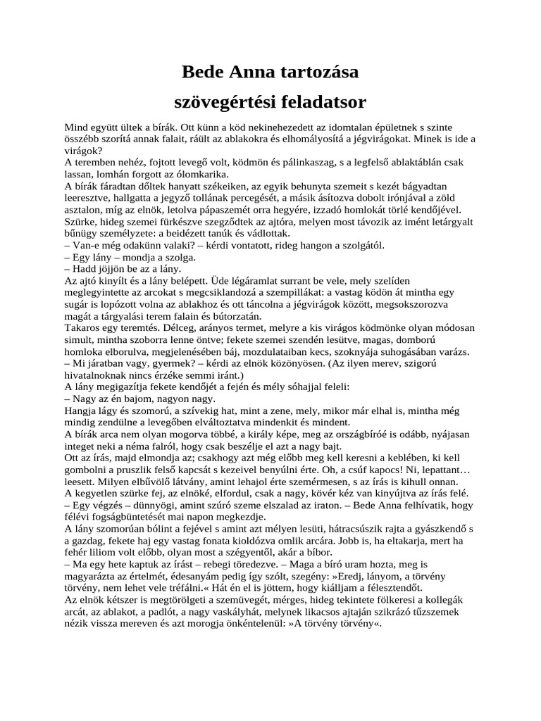 Bede Anna Tartozása Szövegértési Feladatsor | PDF