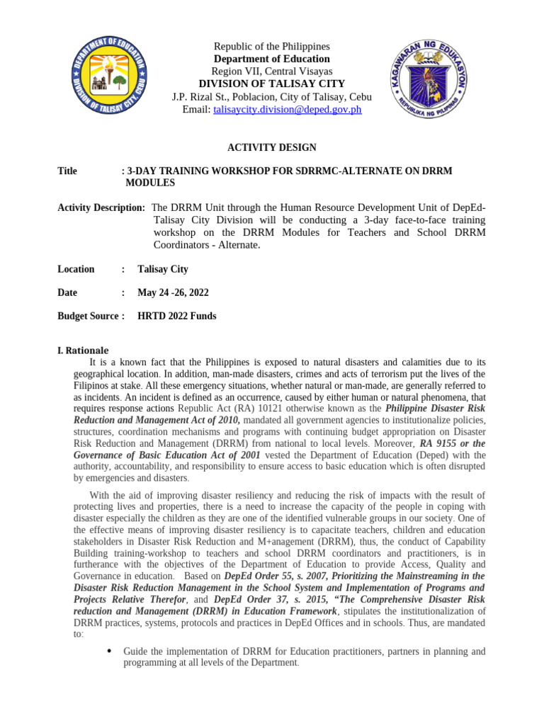 00 Activity Design Cap B SDRRMC Alternates | PDF | Disaster Risk ...