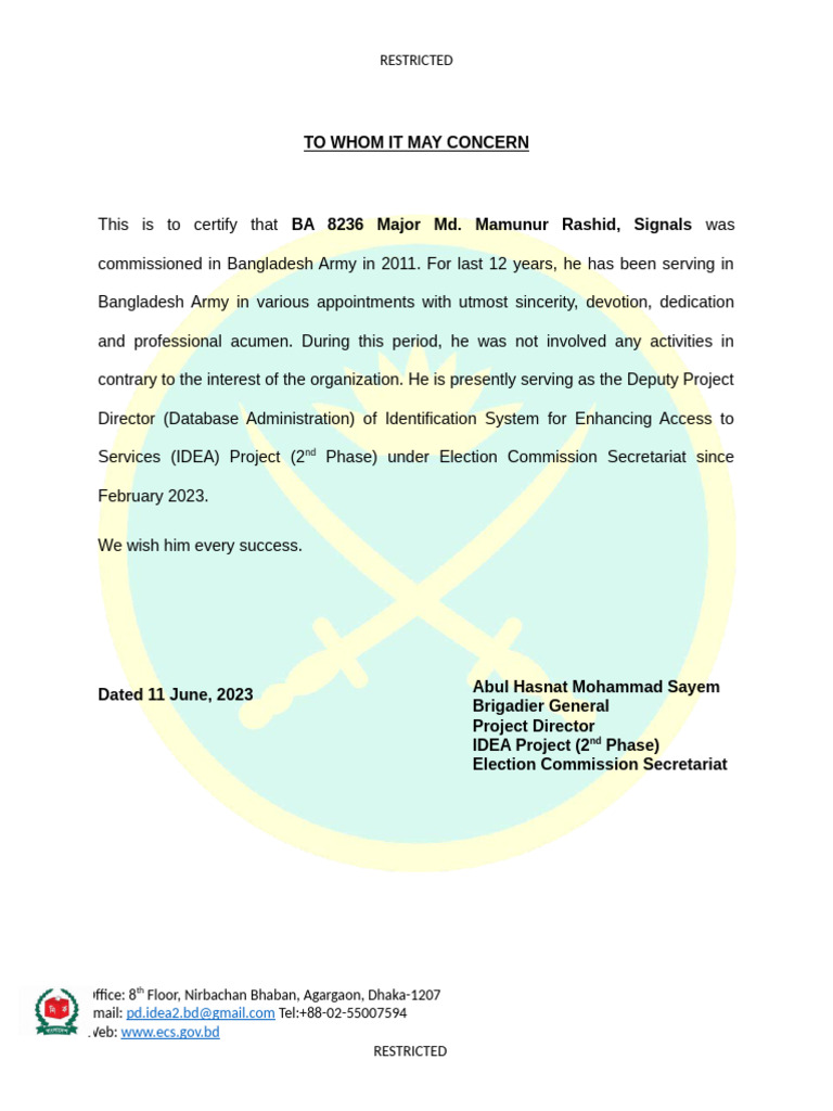 Experience Certificate EMBA - Maj Mamun 2 | PDF