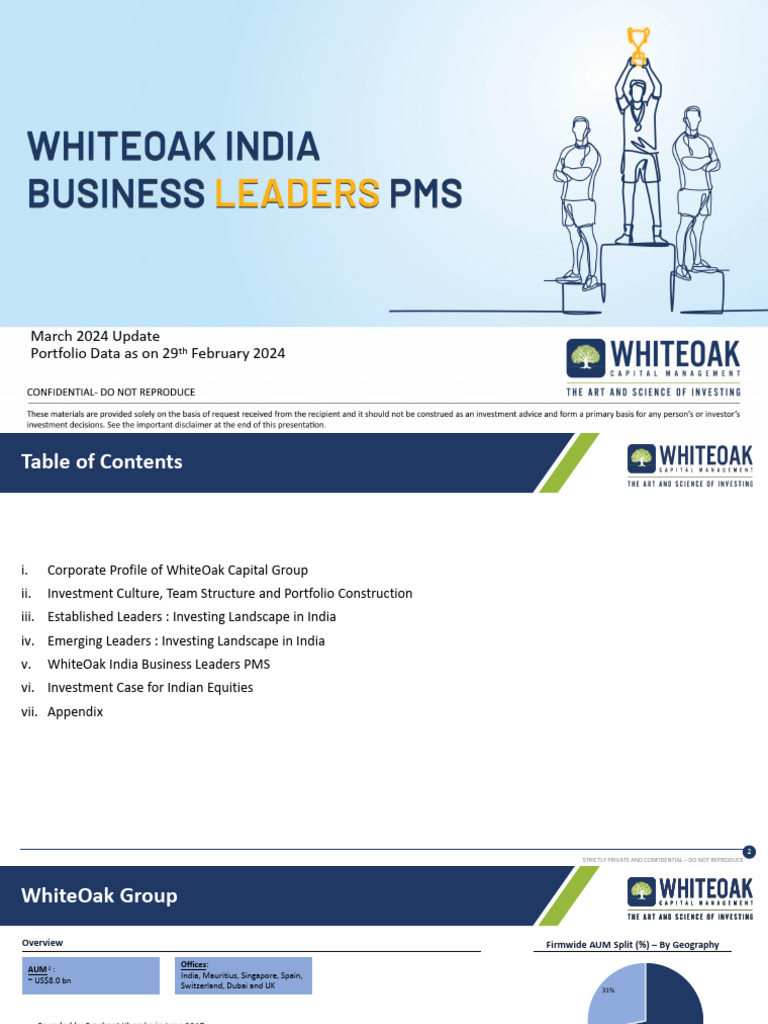 WhiteOak India Business Leaders PMS Product Deck Feb 2024 | PDF | Investing | Goldman Sachs