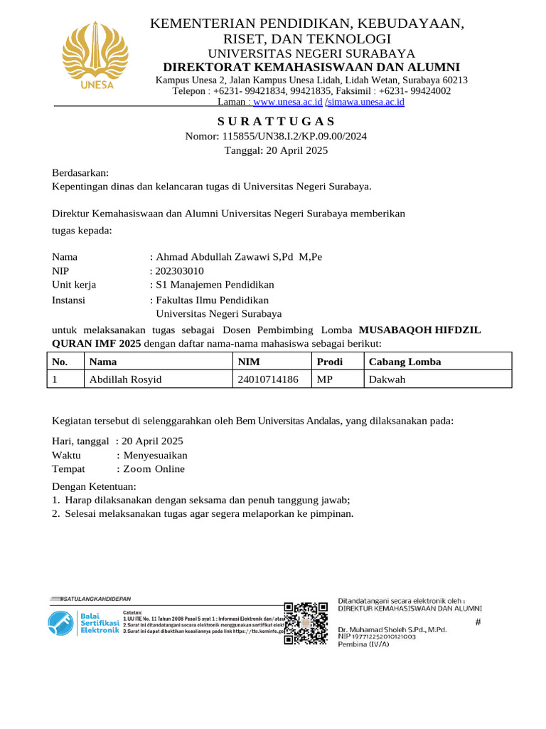 Surat Dosen Pembimbing MHQ IMF 2025 | PDF