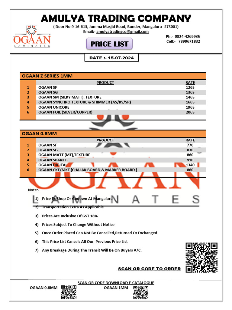 Ogaan Laminates and Mica Price List | PDF