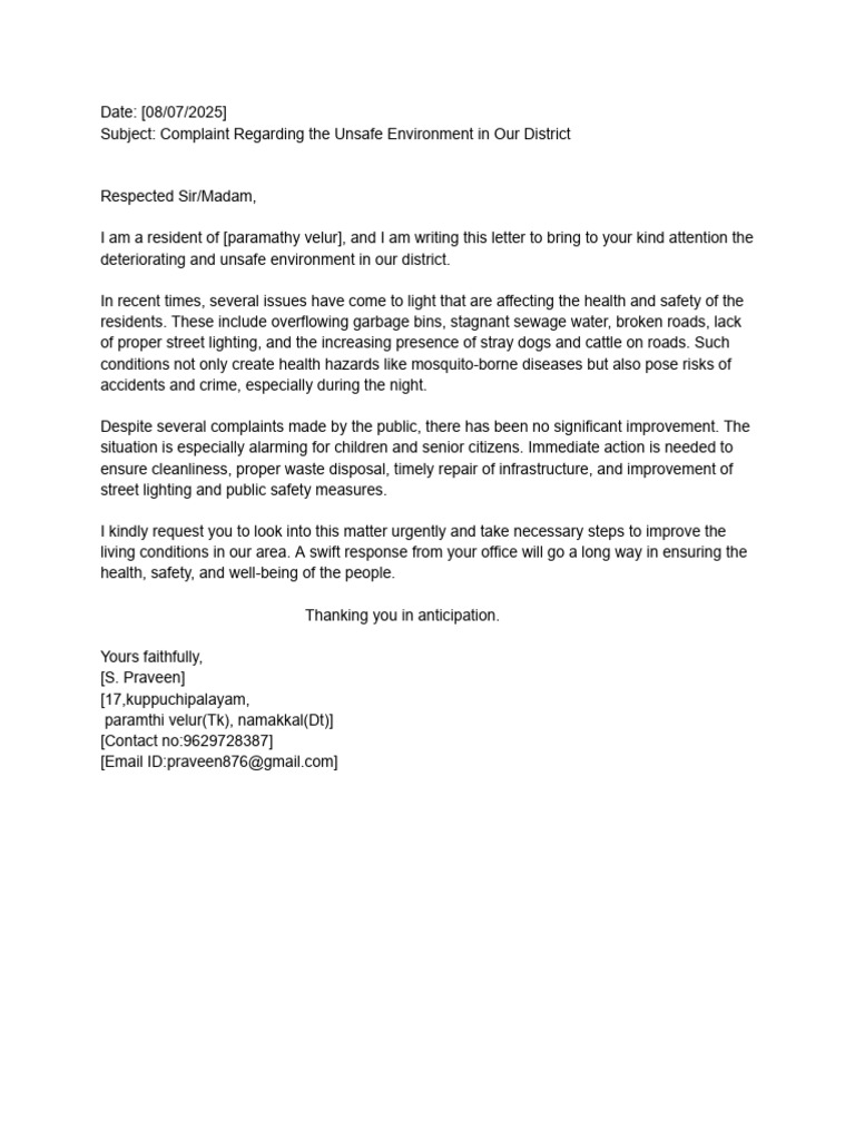 Unsafe Environment Complaint Letter | PDF
