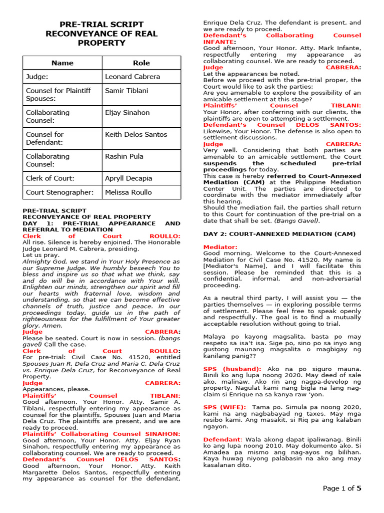 Pre-Trial Script for Property Reconveyance | PDF | Trials | Judge