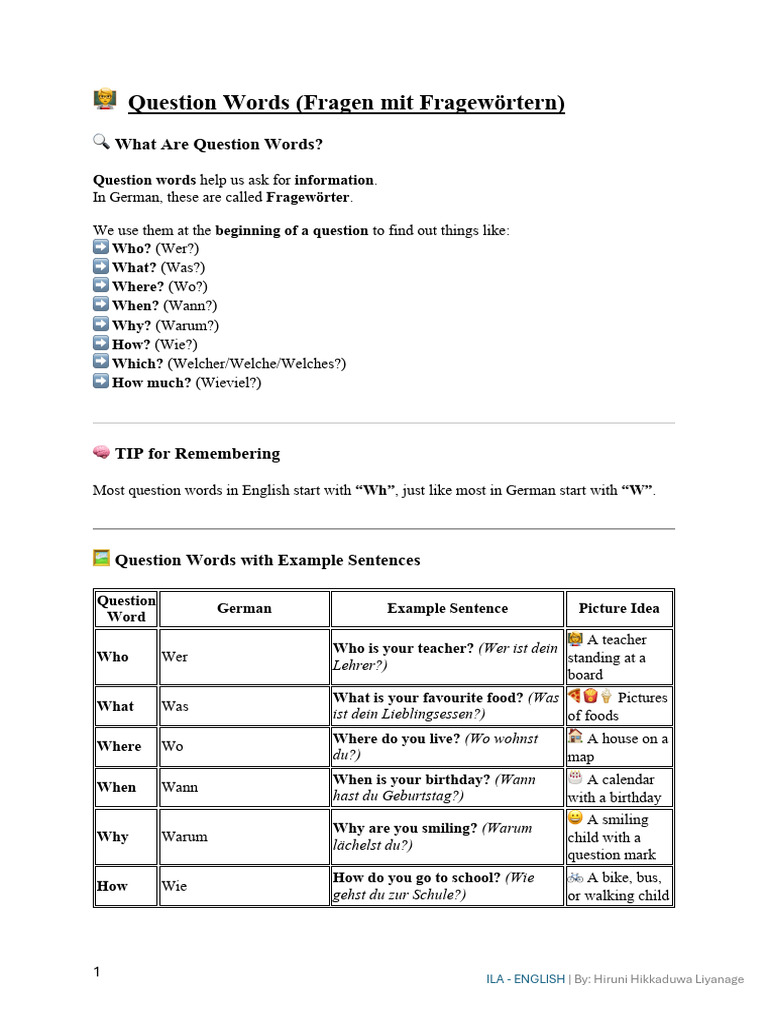 1.question Words (Fragen Mit Fragewörtern) | PDF | Subject (Grammar ...