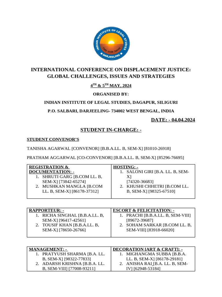 International Conference On Displacement Justice - Student Incharge | PDF | Academic Degree ...