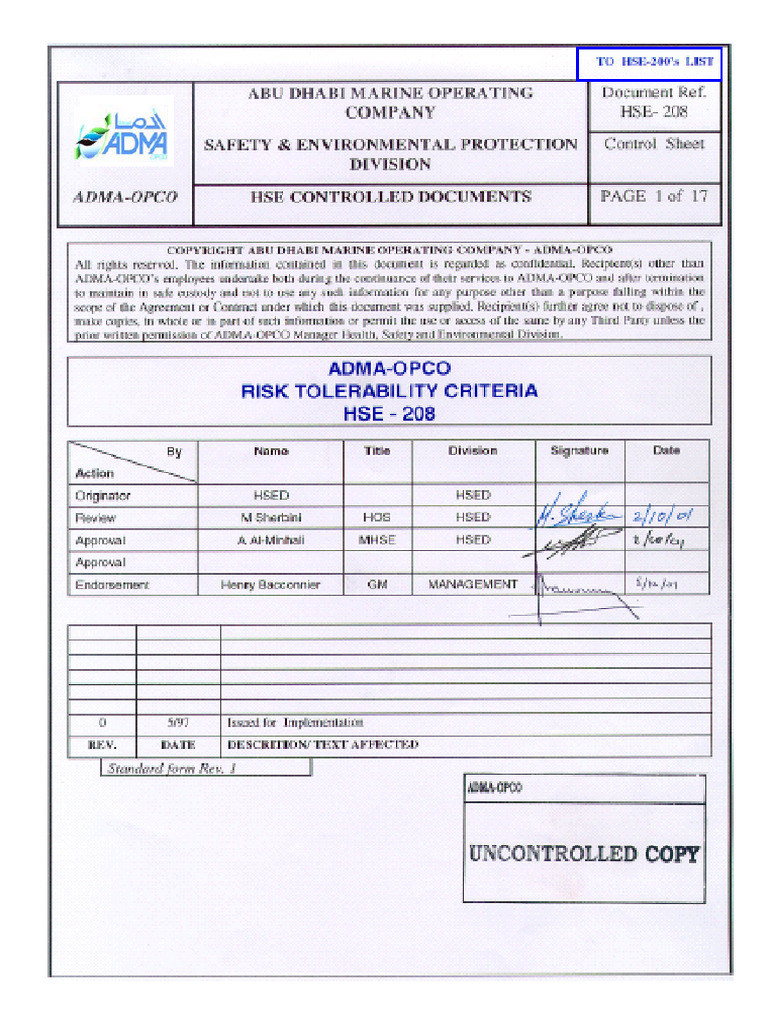Hse-208 ADMA - OPCO Risk Assessment Procedure Refer From Pages From 9 - 18 | PDF | Risk | Cost ...