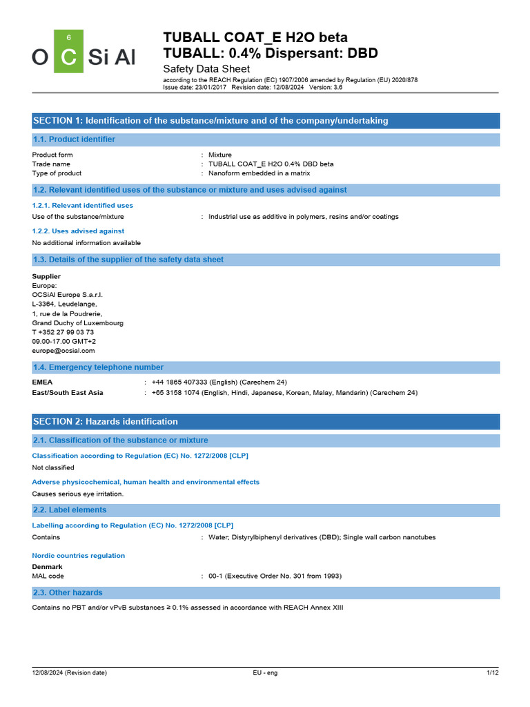 Sds Tuball Coat e H2o DBD Beta Eu Eng v3-6 | PDF | Personal Protective Equipment | Dangerous Goods