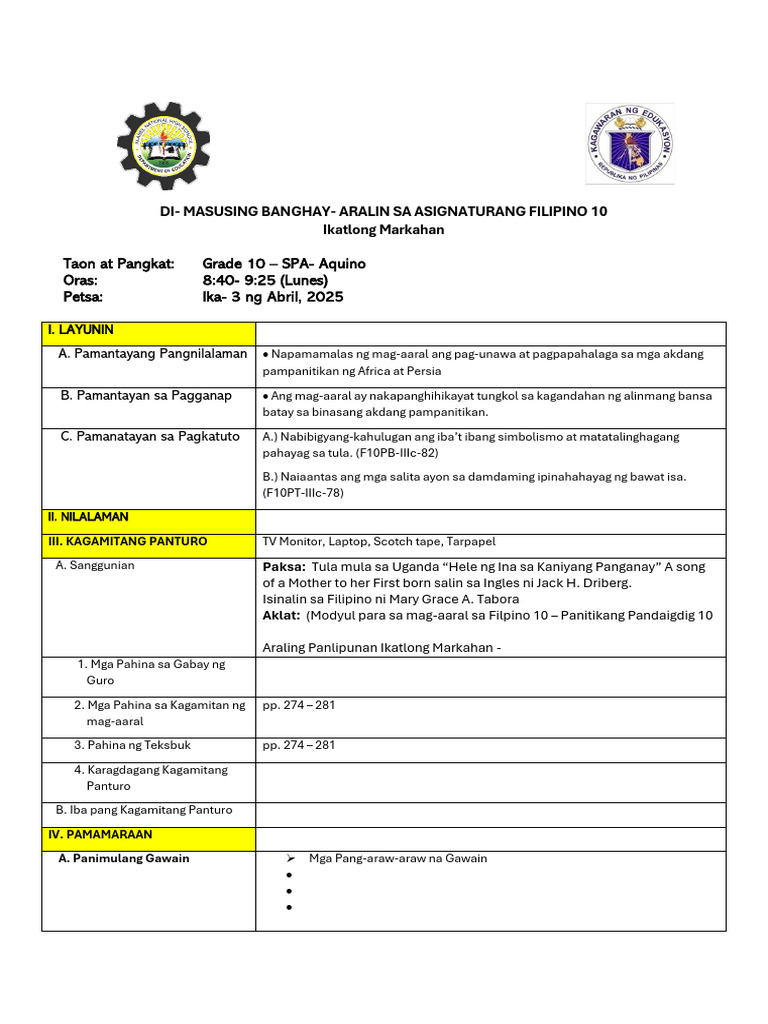 Demo 2025 Cot-3 - Filipino 10 2025 | PDF