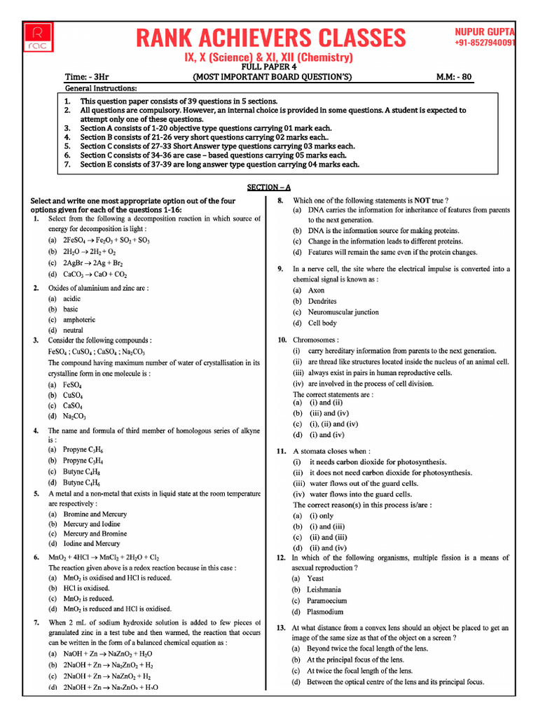 Full Paper 4 With Answer Key (Class X) Set - 1 | PDF | Acid | Acetic Acid