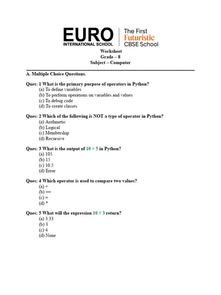 Python Operators Worksheet for Grade 8 | PDF | Mathematical Logic ...