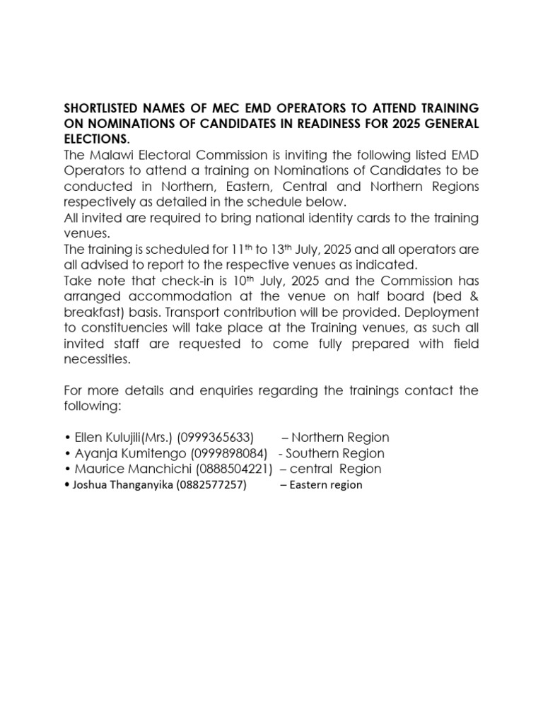 List of Operators For Nomination of Candidates Training | PDF