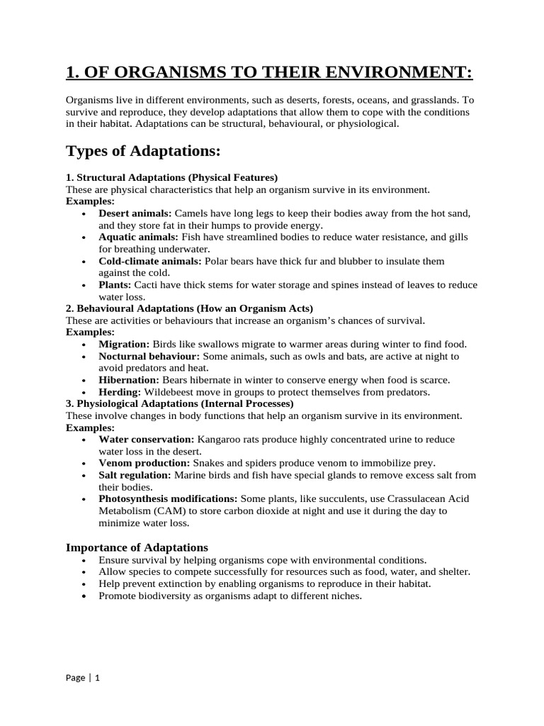 ECOLOGY NOTES - Adaptations of Organisms To Their Environment | PDF ...